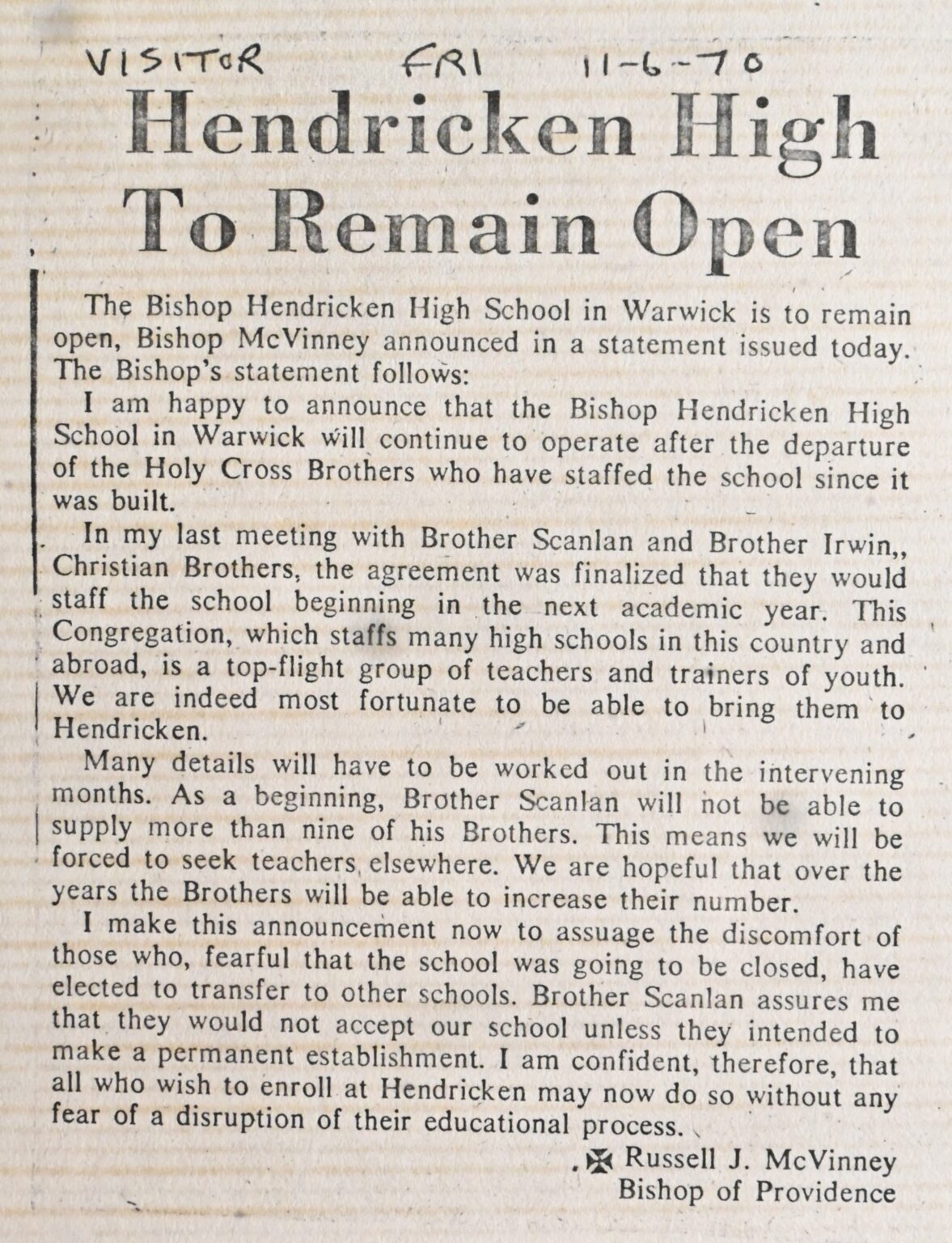 Bishop Hendricken High School - History
